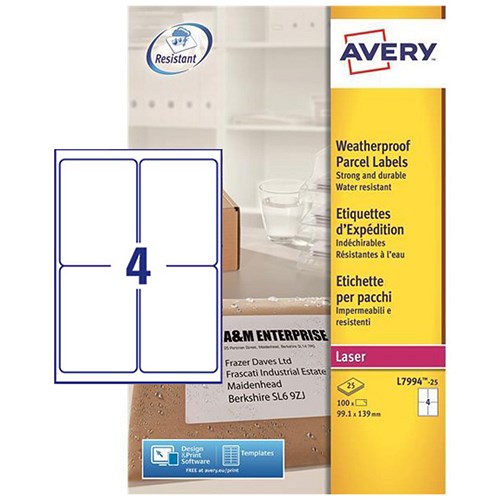 Avery Weatherproof Laser Shipping Labels 4 Per Sheet 99 1x139mm 