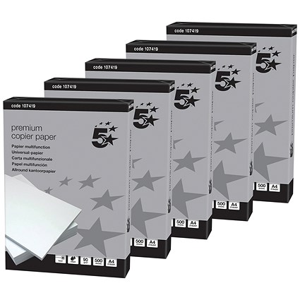 5 Star A4 Premium Paper, White, 90gsm, Box (5 x 500 Sheets) | Paperstone
